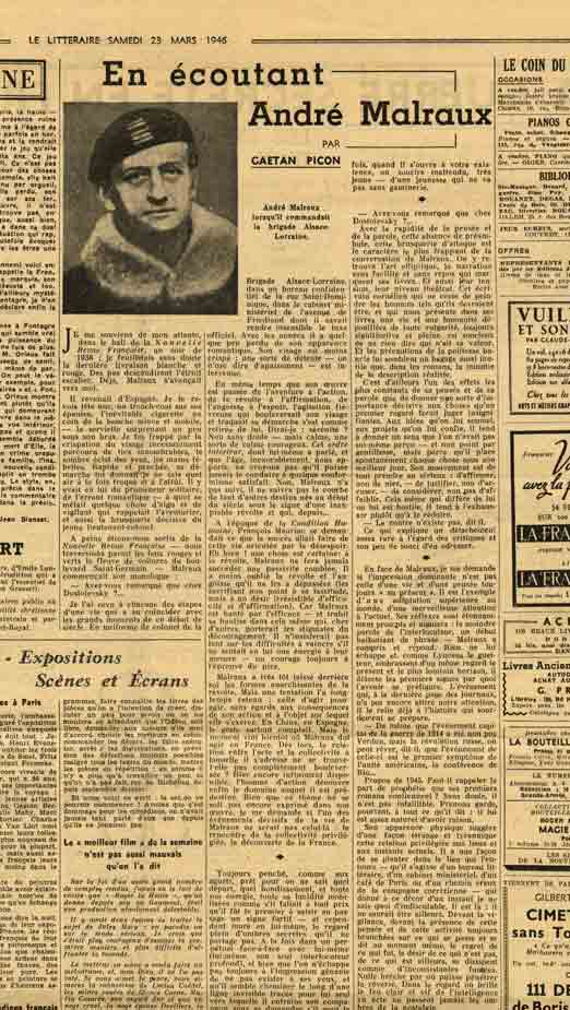 Gaëtan Picon, «En écoutant Malraux», «Le Littéraire», 23 mars 1946, p ...